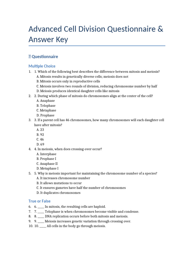 Advanced Cell Division Quiz and Answers | PDF | Meiosis | Mitosis