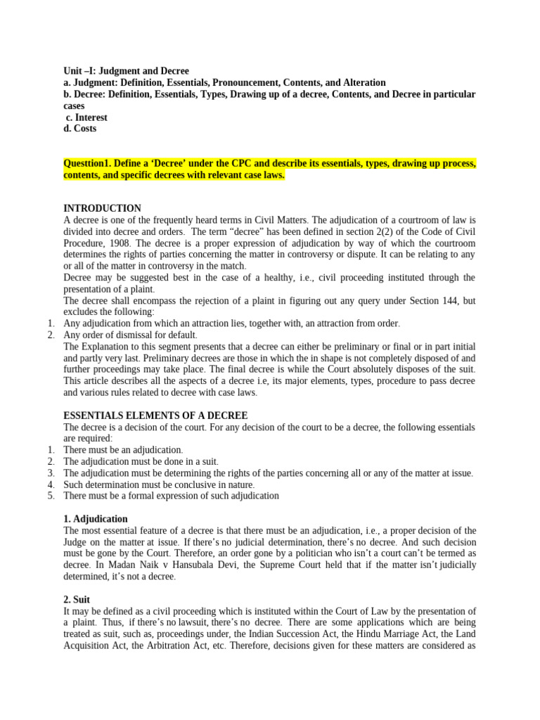 cpc2 Unit 1 Question Answer | PDF | Judgment (Law) | Decree