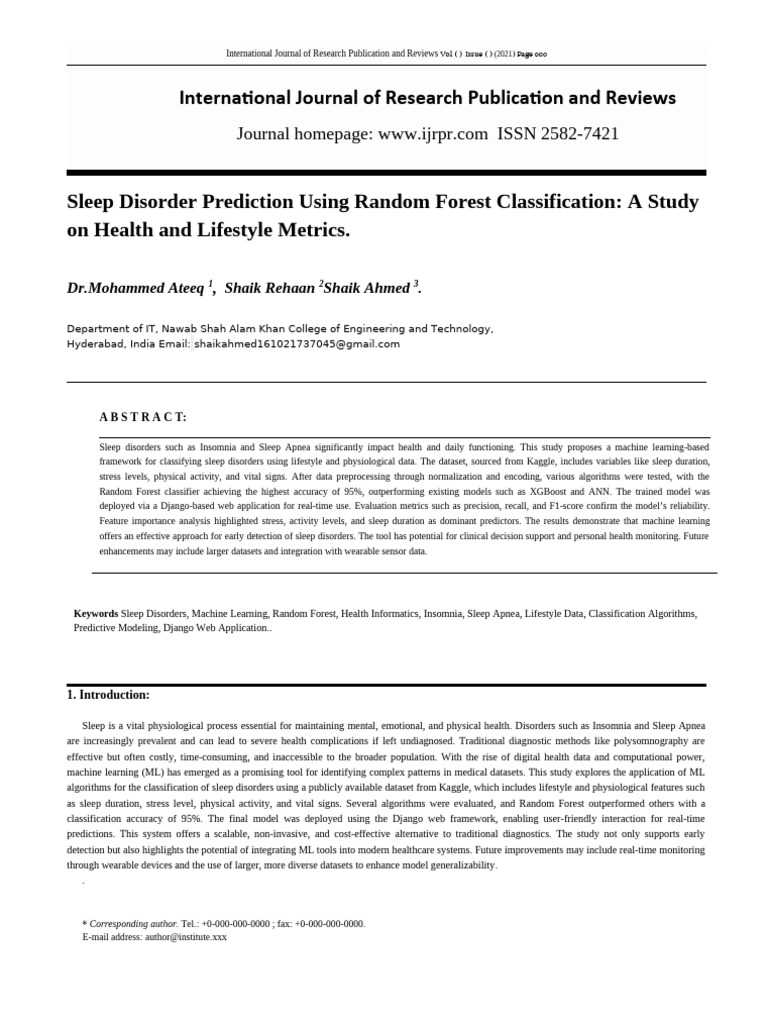 Sleep Disorder Prediction Using Random Forest Classification | PDF | Machine Learning | Support ...