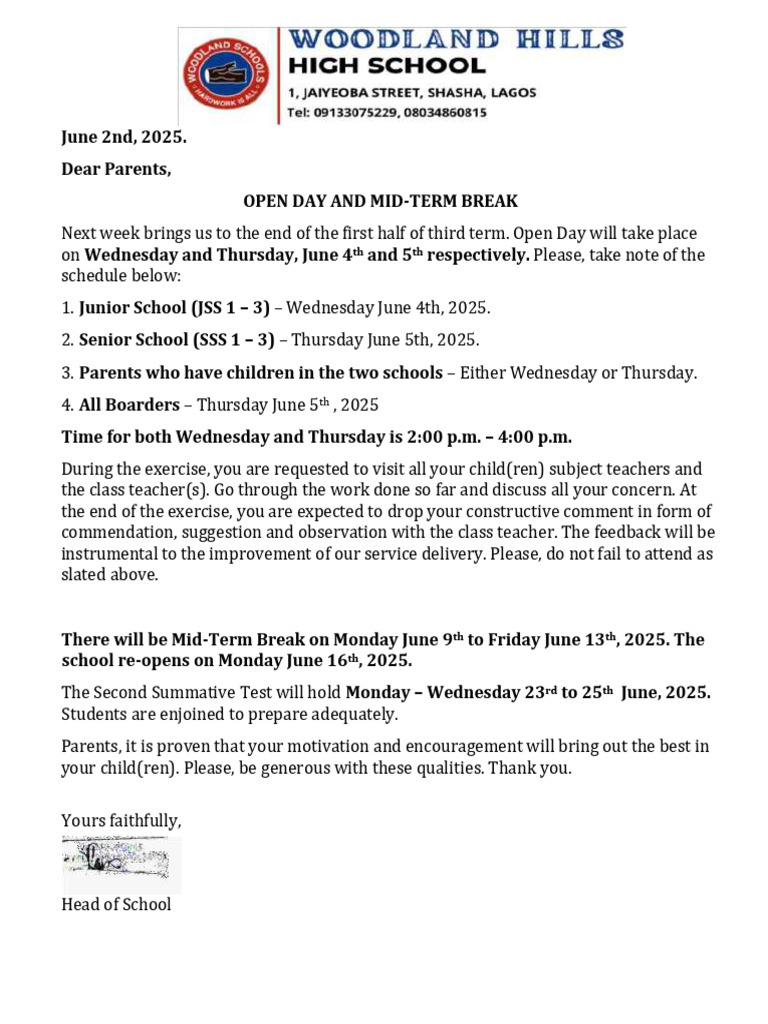 Third Term Open Day and Mid Term Letter | PDF