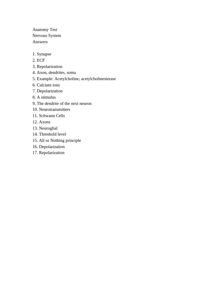 Anatomy Test Nervous System 1 Answers | PDF