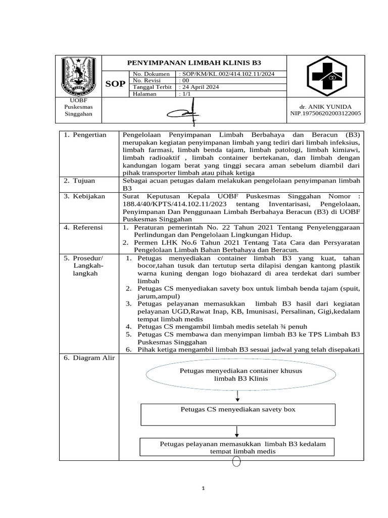 1.Sop Penyimpanan Limbah Klinis b3 | PDF