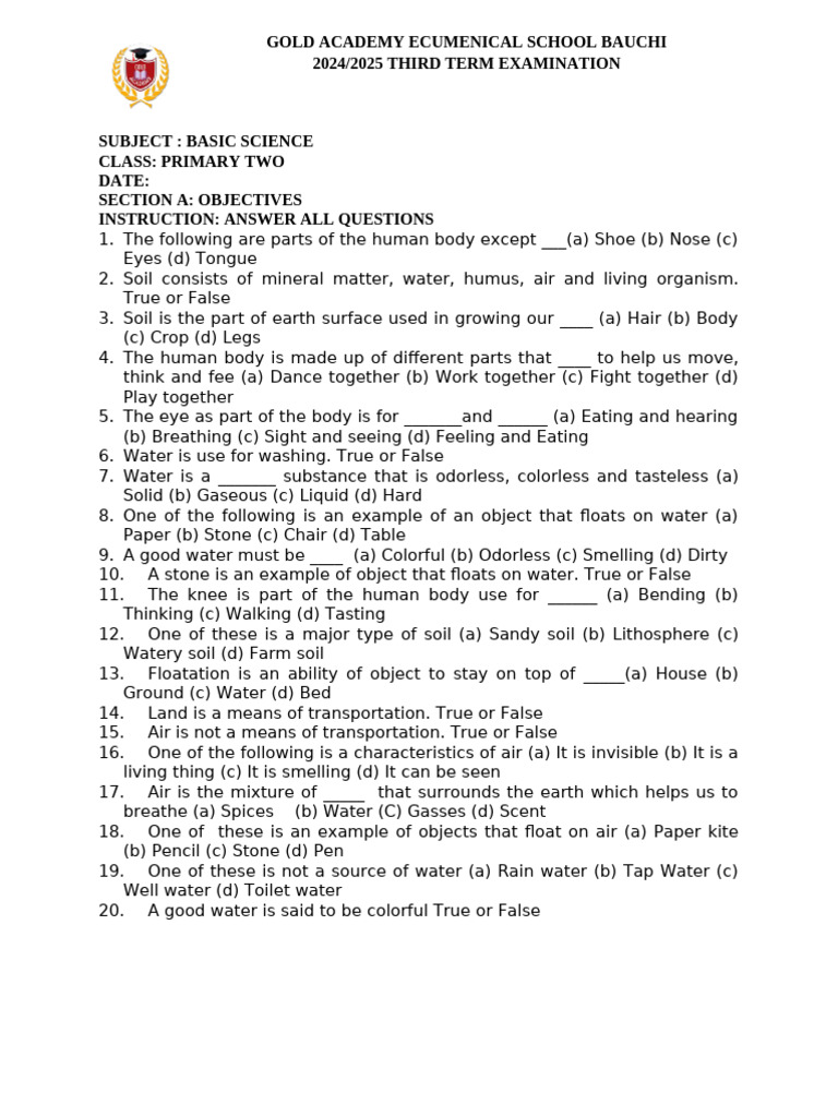 Primary Two Third Term Exam Questions | PDF | Area | Moses