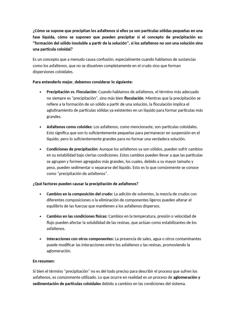 Asfaltenos y Precipitación | PDF | Coloide | Precipitación (Química)