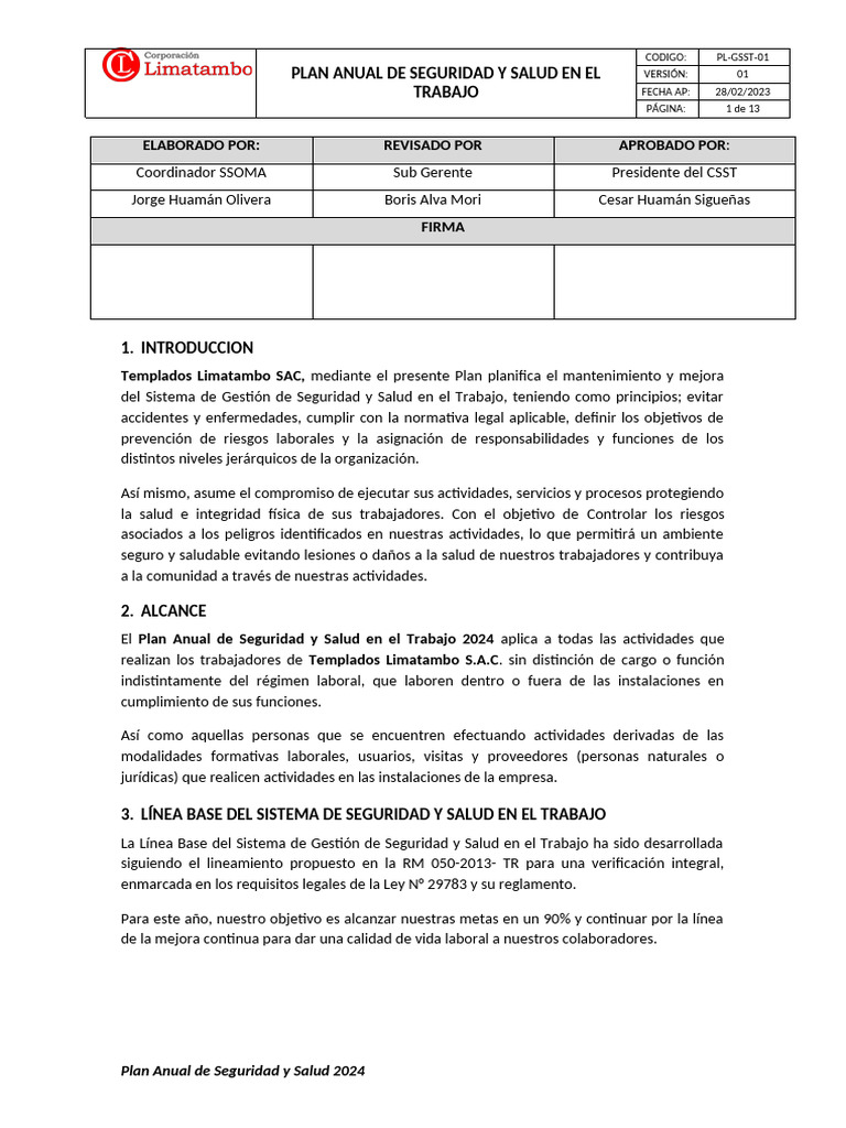 PL-GSST-001 Plan Anual de Seguridad y Salud en El Trabajo 2024 TL V01. | PDF | Seguridad y salud ...