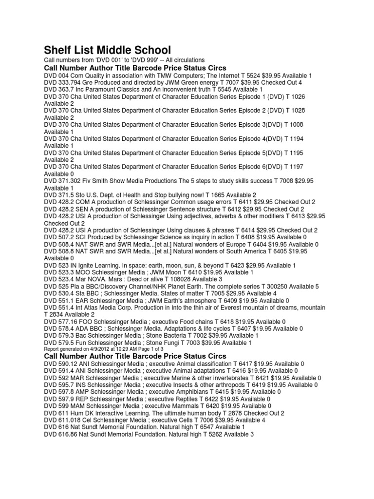 DVD and VHS Shelf List For Weeding | PDF | Earth | Nature