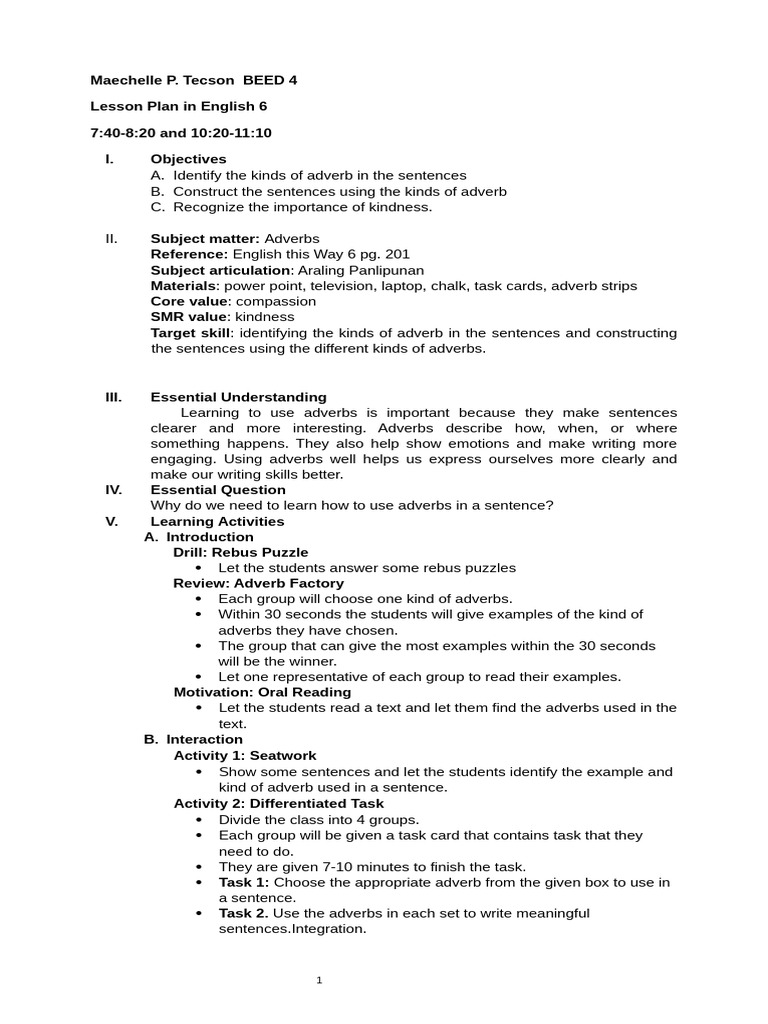 English 6 Creating Sentences Using Adverb | PDF | Cognition | Cognitive ...