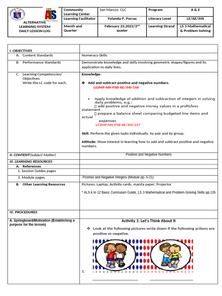 Daily Lesson Log: Positive & Negative Numbers | PDF | Learning | Cognition