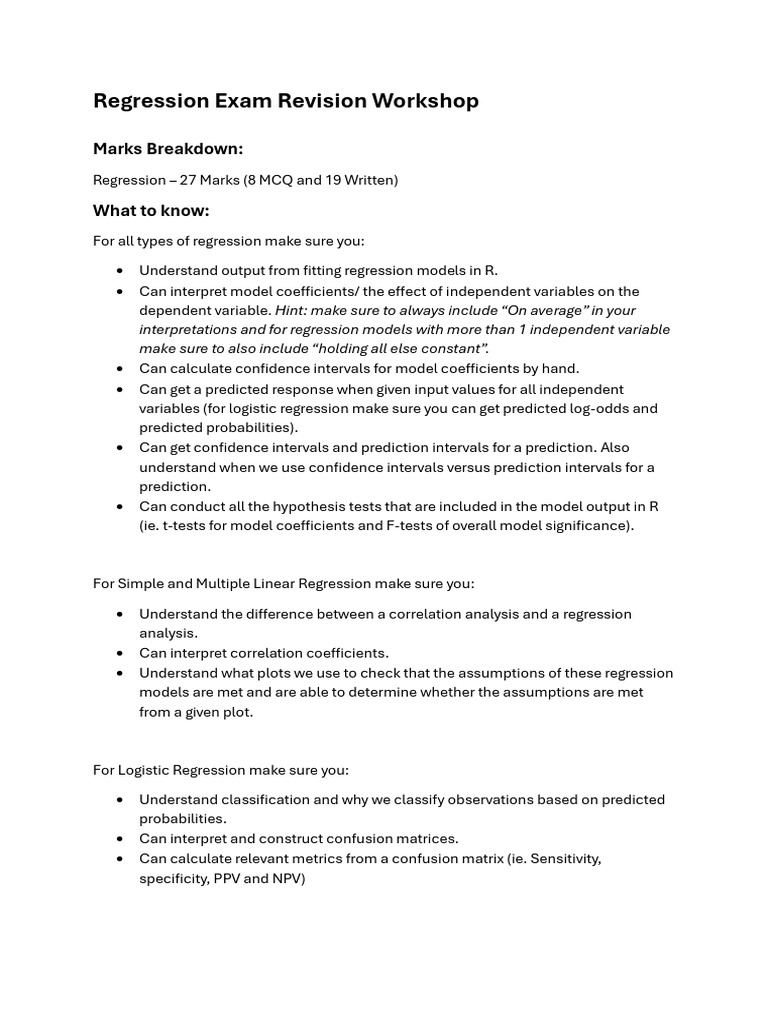 Regression Exam Revision Workshop | PDF | Regression Analysis | Logistic Regression
