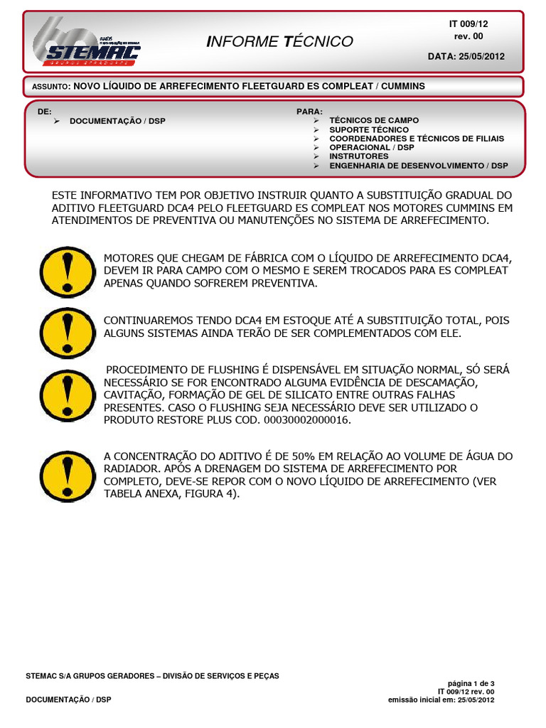 Substituição do Aditivo DCA4 por ES Compleat | PDF | Motor de Combustão ...
