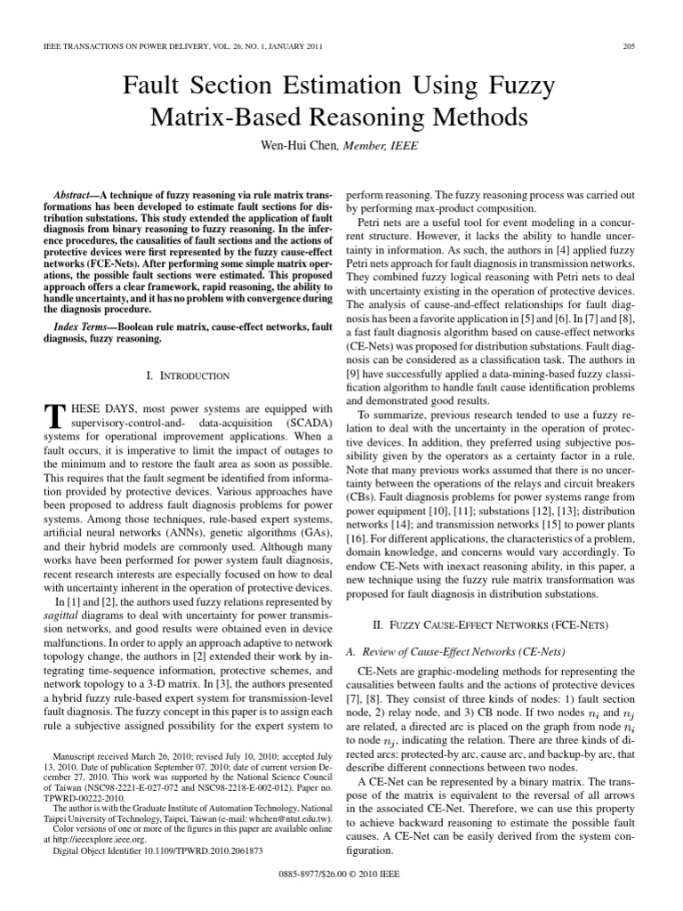 Chen Fault Section Estimation Using Fuzzy Matrix Based Reasoning Methods 2011 Pdf Fuzzy