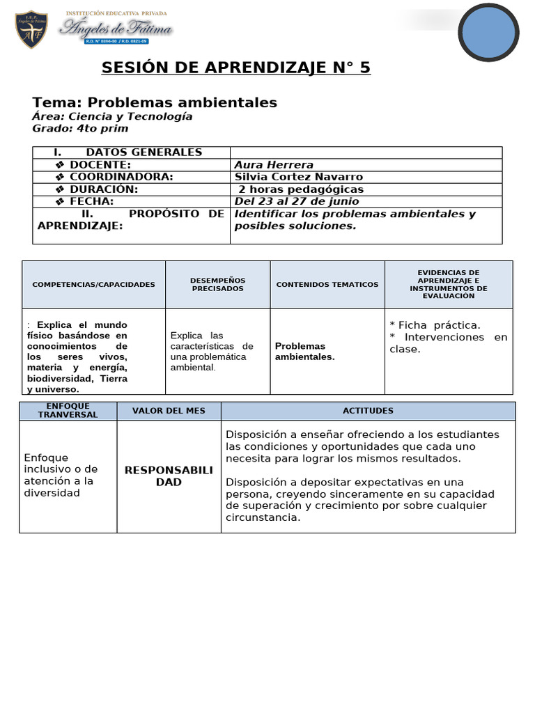 Sesion 5 - Problemas Ambientales - 4to Grado | PDF | Aprendizaje | Entorno natural
