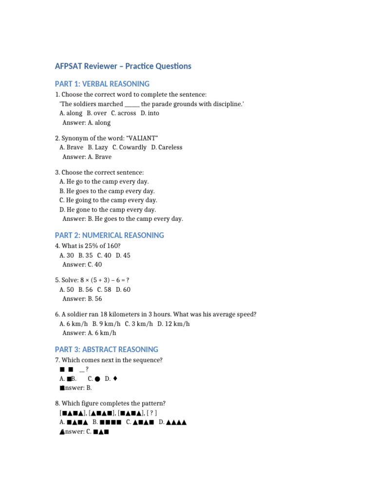 AFPSAT Reviewer Practice Questions | PDF