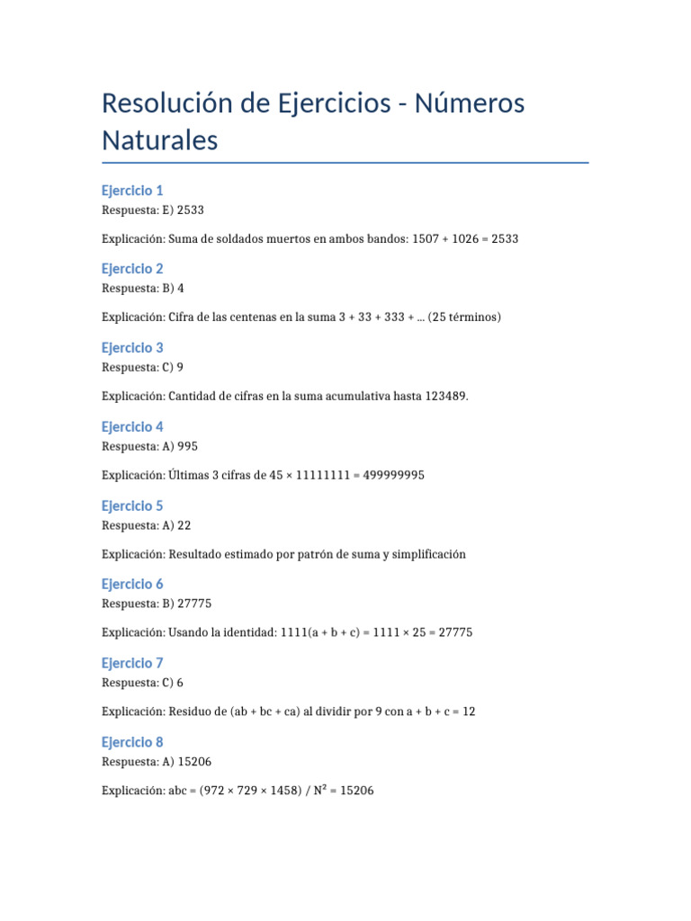 Resolucion Ejercicios Numeros Naturales | PDF
