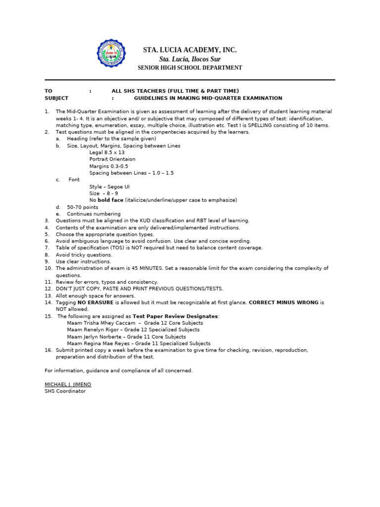 Mid-Quarter Exam Guidelines for SHS | PDF | Multiple Choice