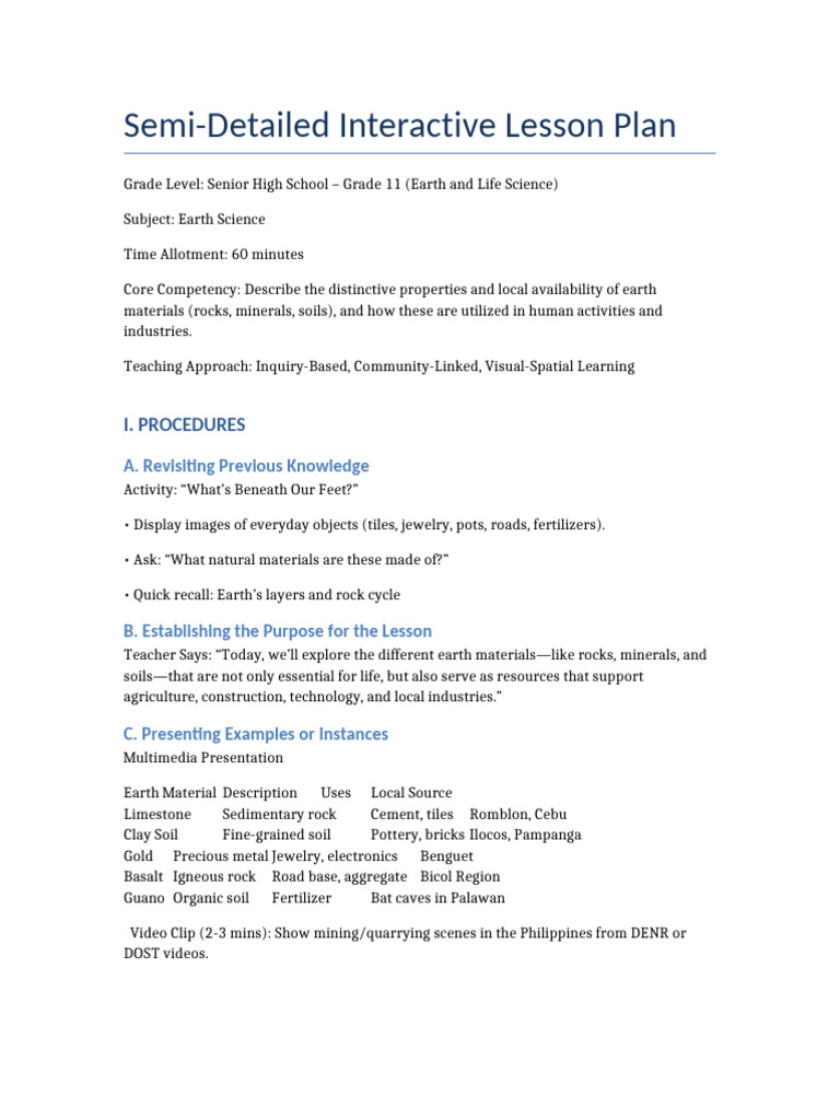 Earth Materials Lesson Plan for Grade 11 | PDF | Rock (Geology) | Soil