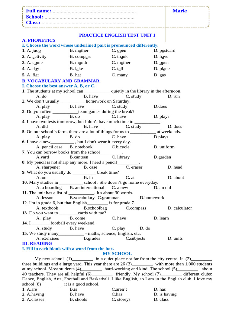 English Test Practice: Unit 1 Exercises | PDF