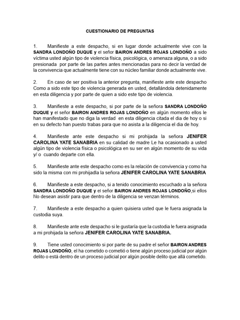 Preguntas de Interrogatorio de Parte Hija Carolina Yate | PDF