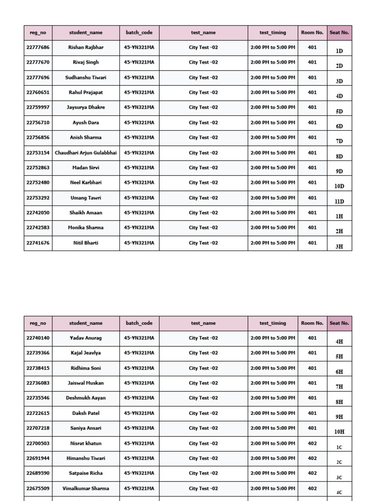Test Seating Plan 45-Yn321ma (06!07!2025) | PDF