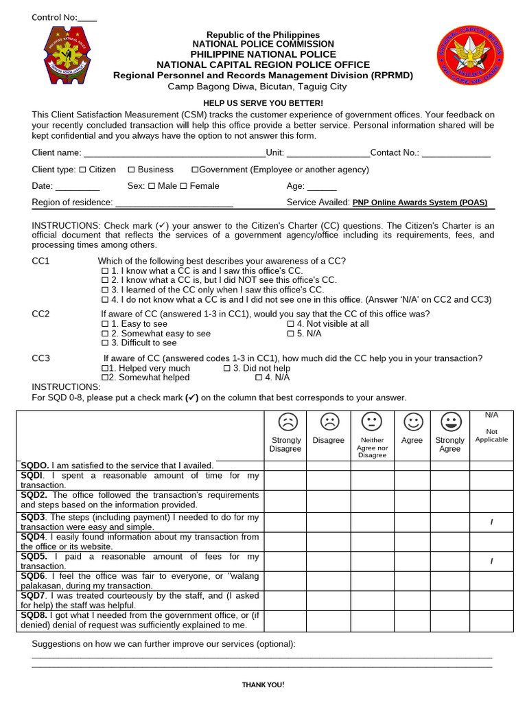 ARTA Client Satisfaction Survey Form English | PDF