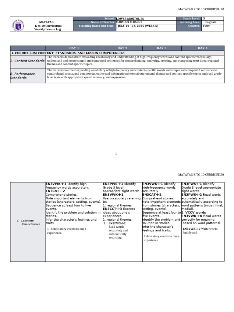 Matatag English 3 q1 w4 | PDF | Word | Narrative