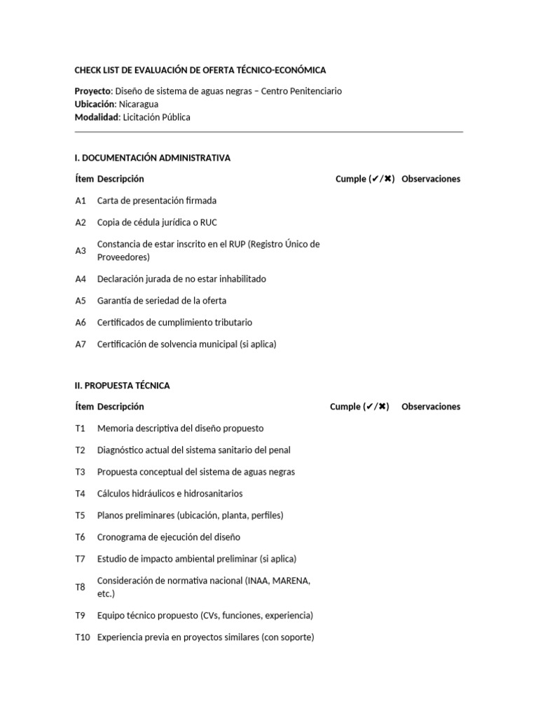 Check List de Evaluación de Oferta Técnico - Version 1 | PDF