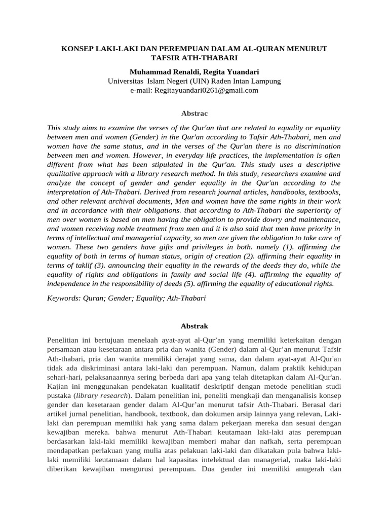 Konsep Laki Dan Perempuan Dalam Al Quran Tafsir Ath-Thabari (Regita & Renaldi) | PDF