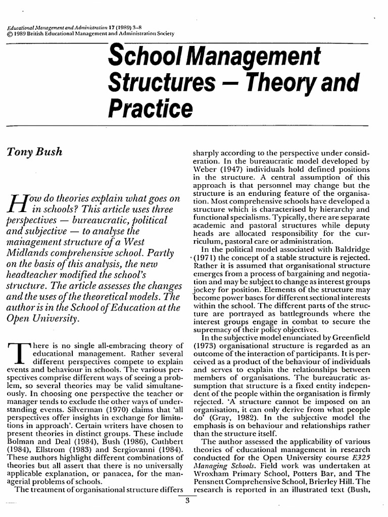 Bush1989 Theory of School Management | PDF | Organizational Structure | Teachers