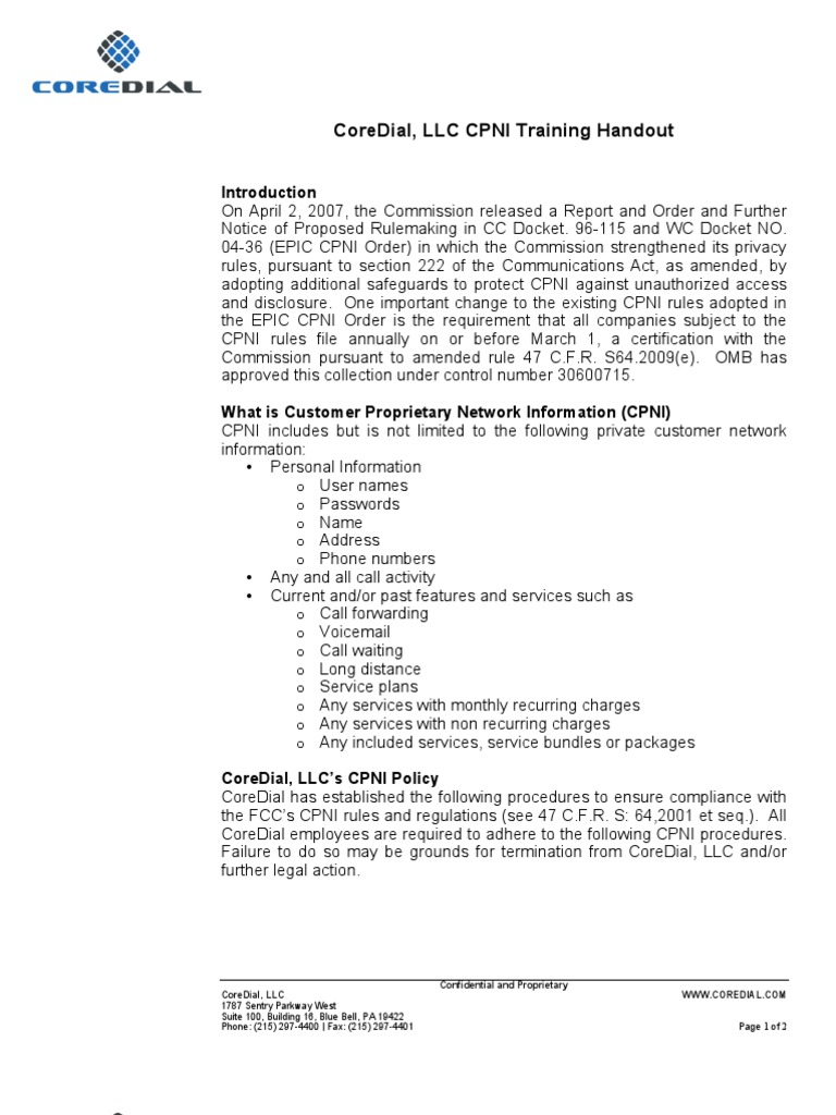 CoreDial CPNI Handout 2011 | PDF | Personal Identification Number ...