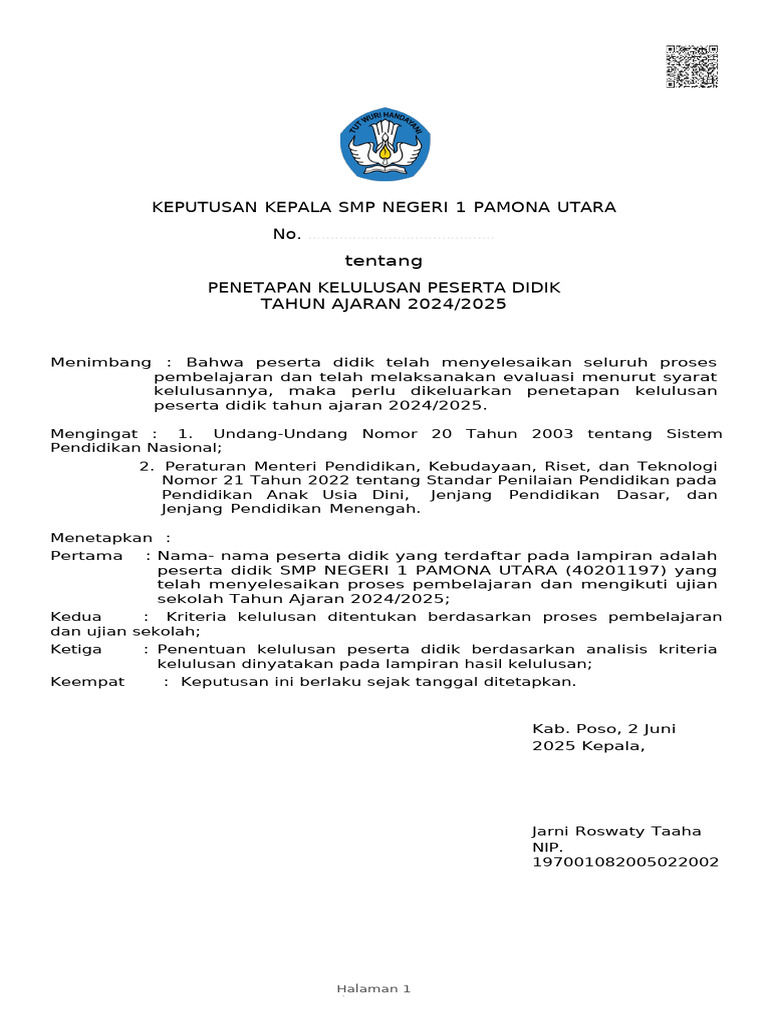 SK Penetapan Kelulusan | PDF