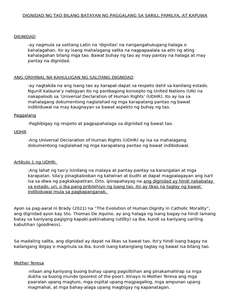 Dignidad NG Tao Bilang Batayan NG Paggalang Sa Sarili | PDF