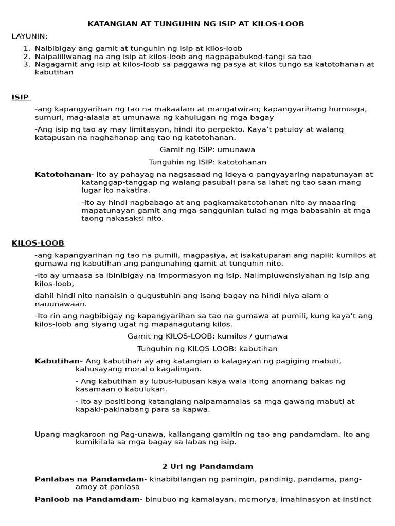 Katangian at Tunguhin NG Isip at Kilos | PDF