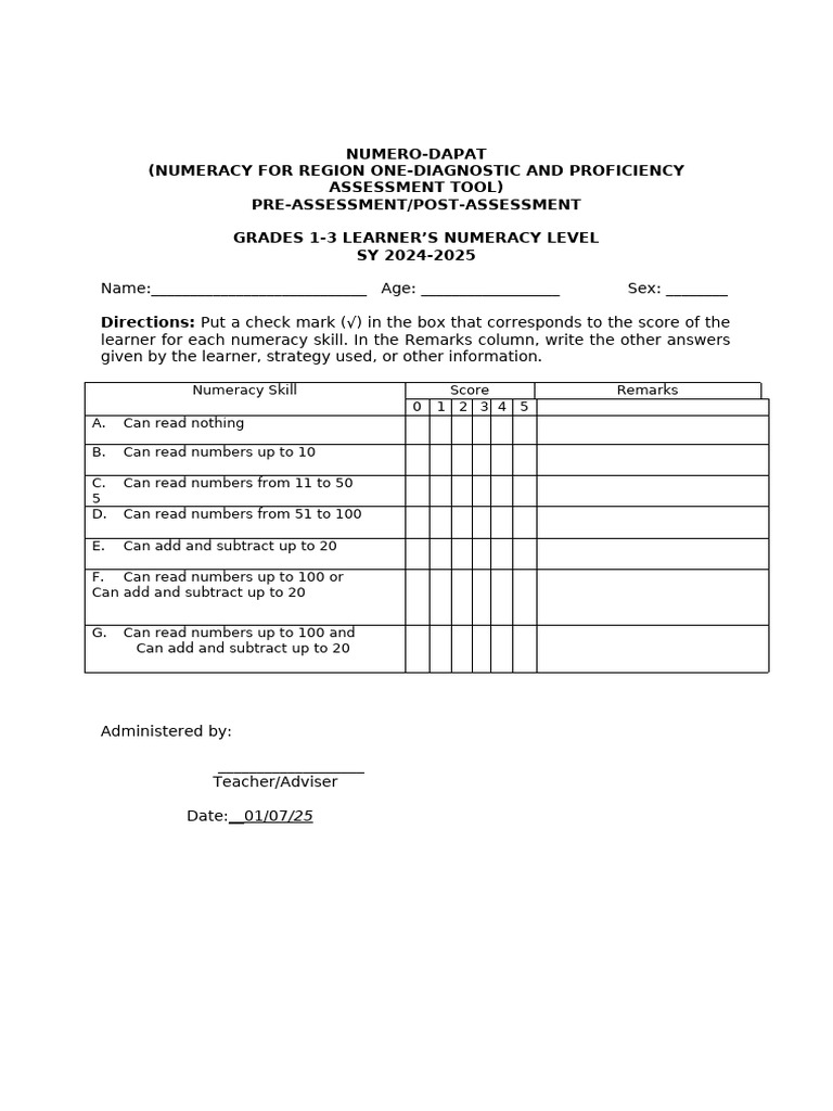 Assessment Tools NumeRO DAPAT | PDF