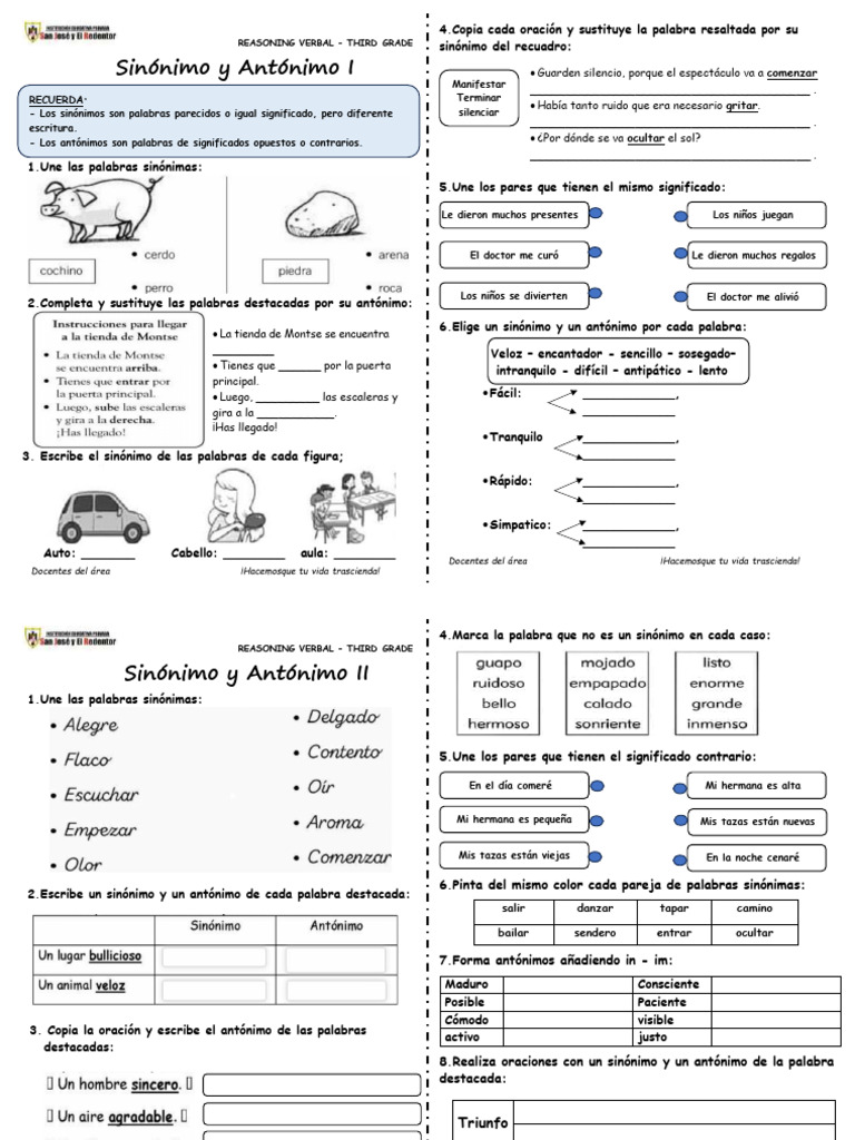 Fichas de Sinónimos y Antónimos 3° Primaria | PDF