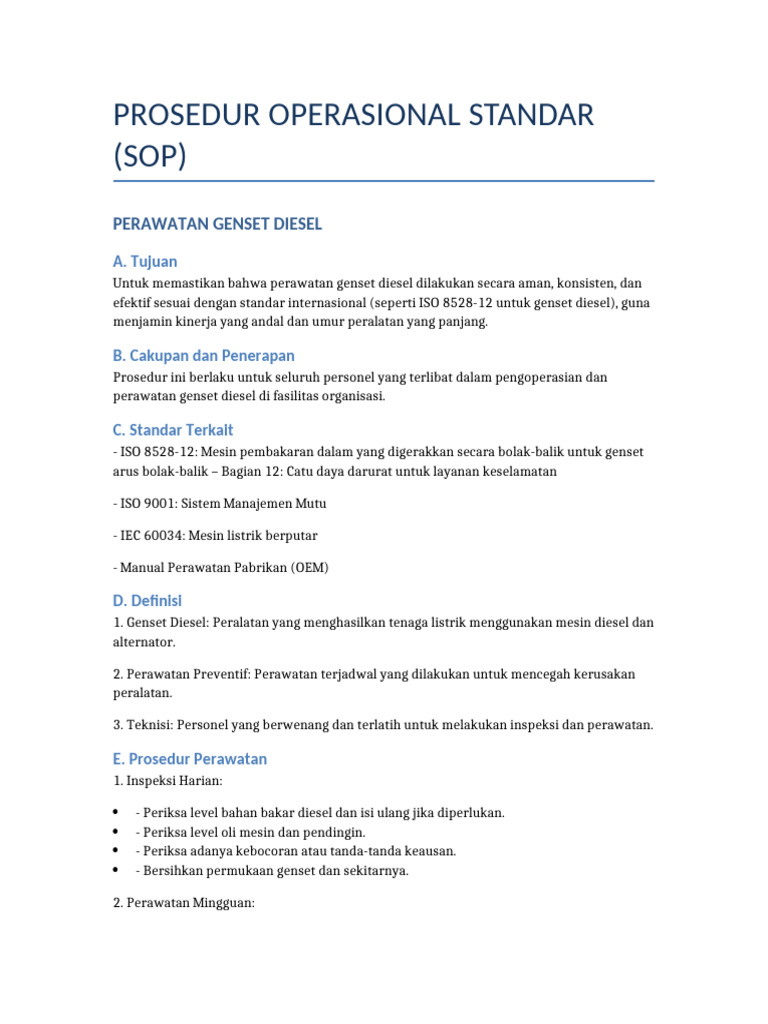 SOP Pemeliharaan Genset Diesel | PDF