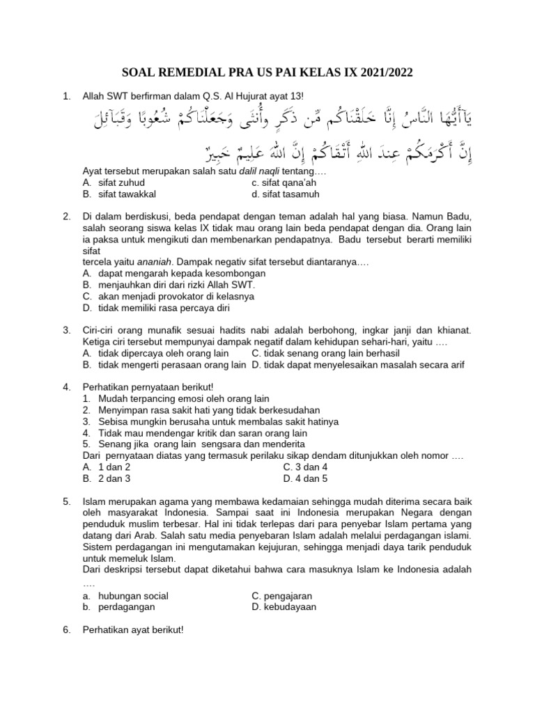Soal Remedial Pra Us Pai Kelas Ix 2021 | PDF
