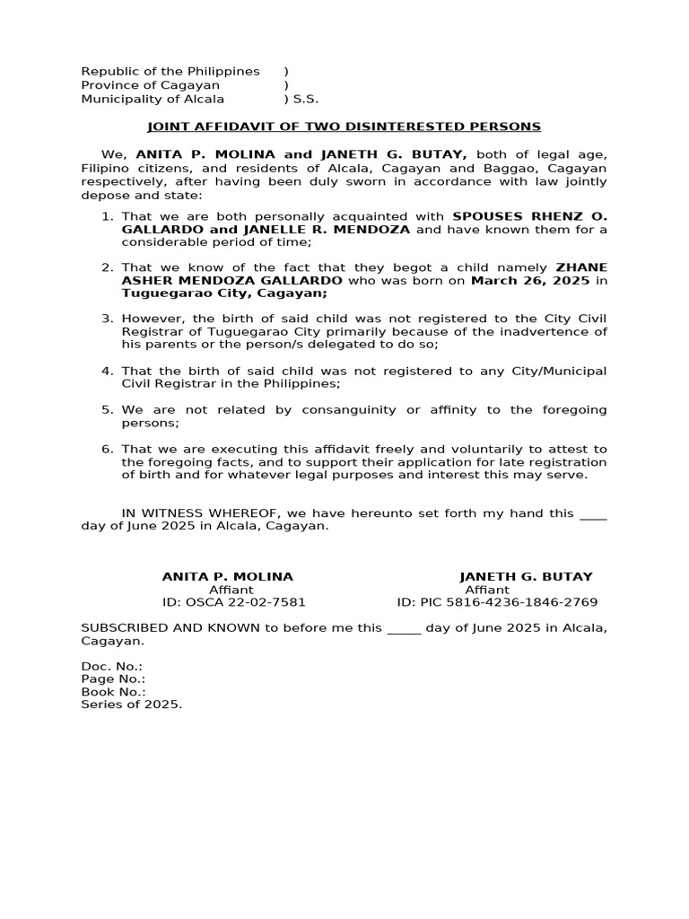 Affidavit For Late Registration COLB | PDF