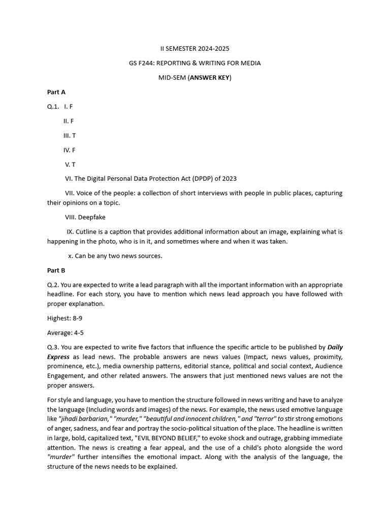 Answer Scheme Mid Sem II Sem 2024-25 | PDF | News | Human Communication