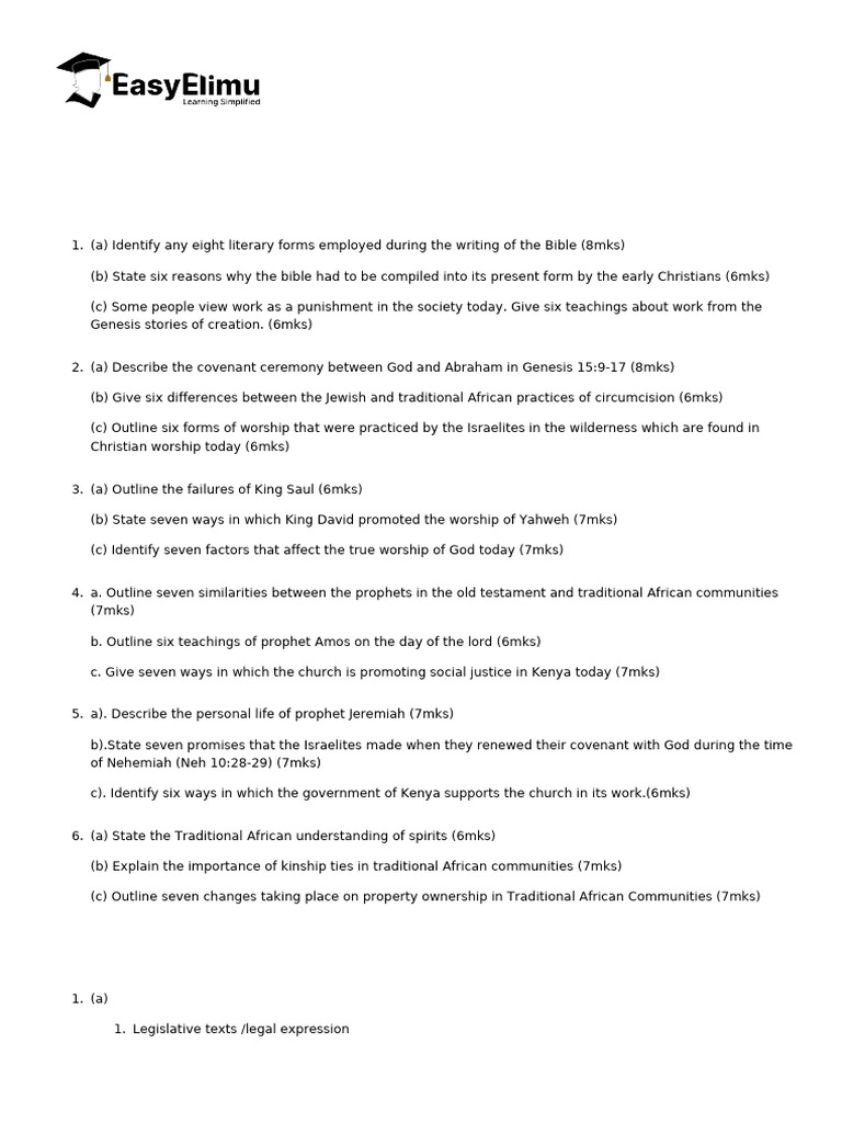 CRE Paper 1 - 2025 Kala Pre Mock Examination-4481 | PDF | Samuel | David