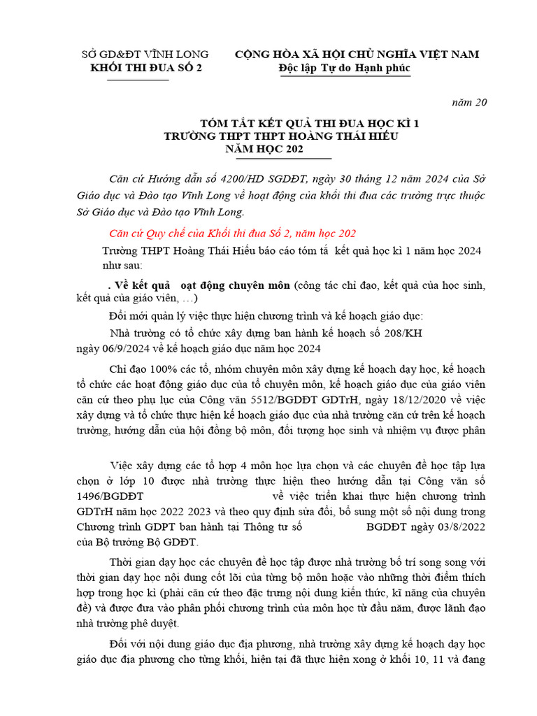 Bao Cao Ket Qua Thi Dua Khối - hth | PDF