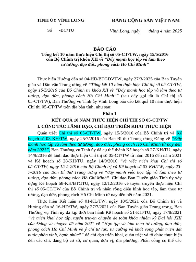 25.4.du Thao Bao Cao Tong Ket 10 Nam Thuc Hien Chi Thi 05 (Diem) | PDF