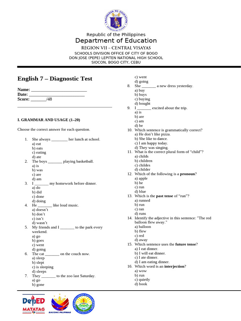Diagnostic Test in English 7 | PDF | Syntax | Linguistic Morphology