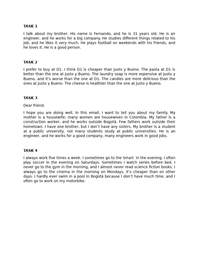 English A1 - Task 1 To 4 | PDF