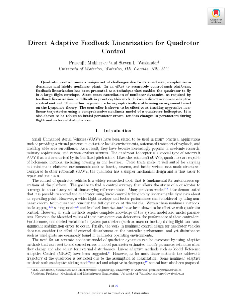 2012-Direct Adaptive Feedback Linearization For Quadrotor Control | PDF | Control Theory ...