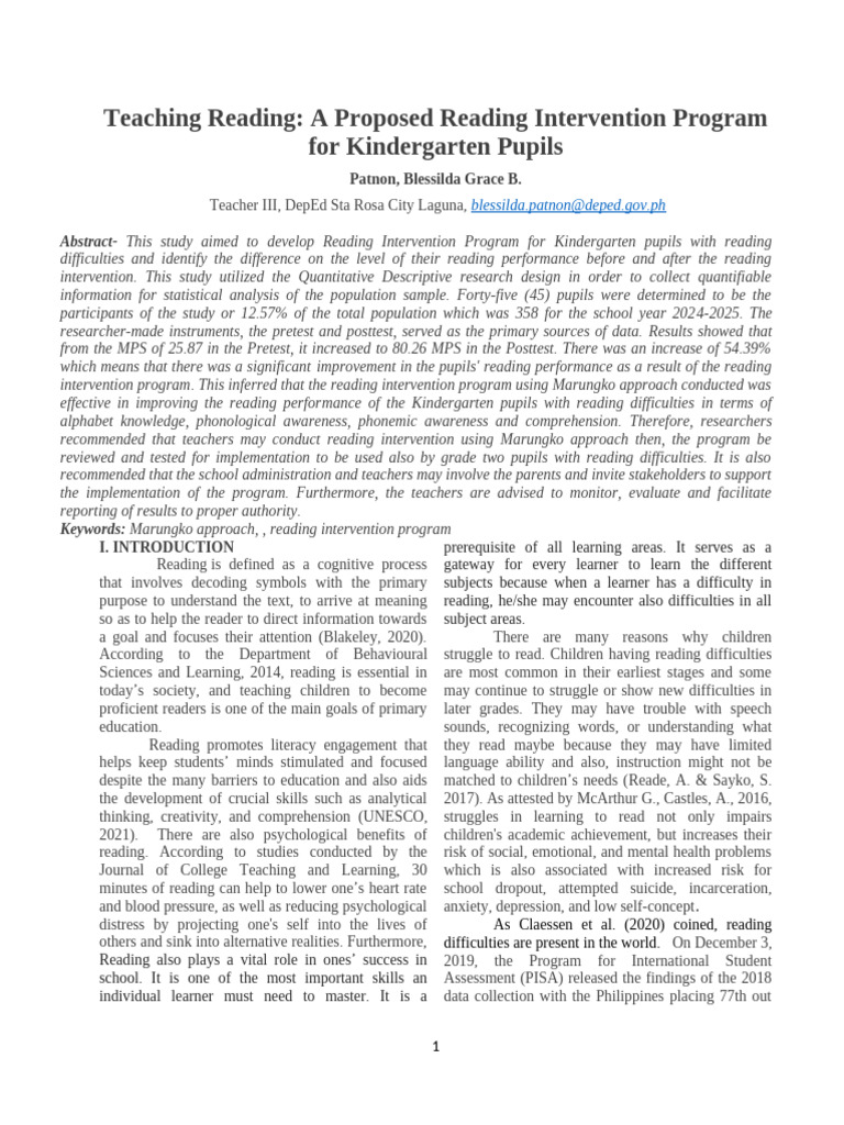 Effective Reading Intervention for Kindergarten | PDF | Phonics ...