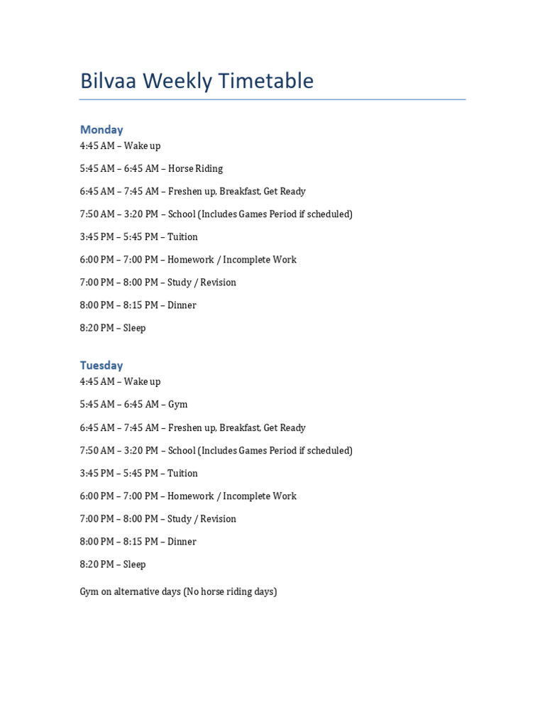 Weekly Timetable Monday Tuesday | PDF