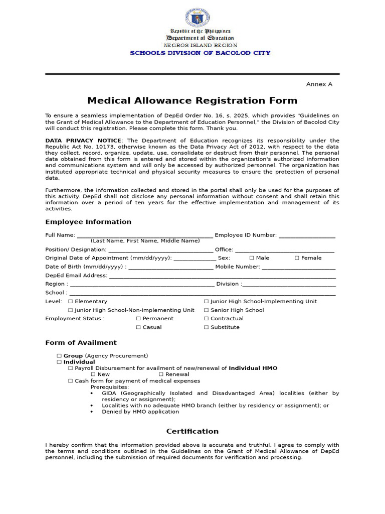 Annex A Medical Allowance Registration Form | PDF