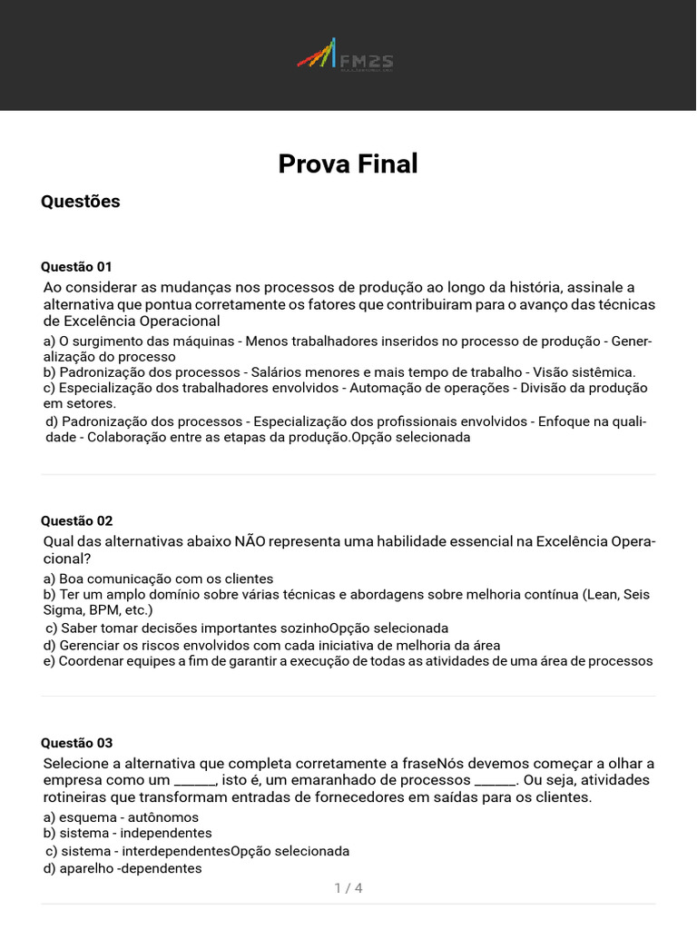 Prova Final Excelência Operacional | PDF | Seis Sigma | Custo