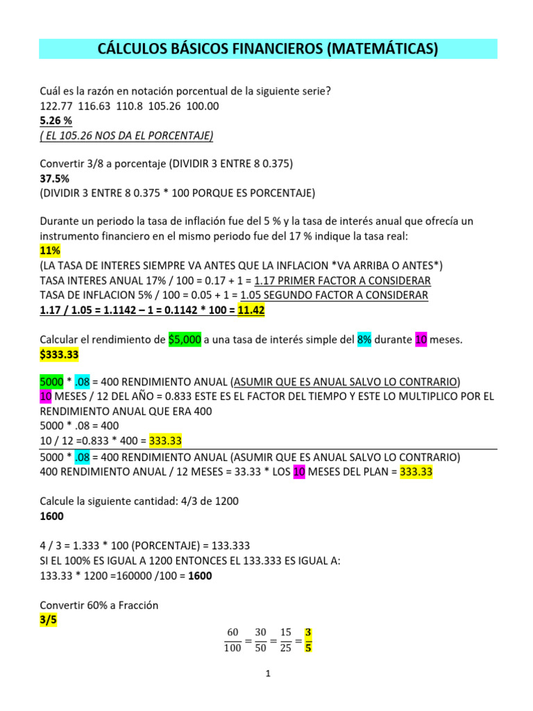 SMF Ejercicios Calculos Financieros Basicos Matematicas | PDF | Porcentaje | Tasas de interés