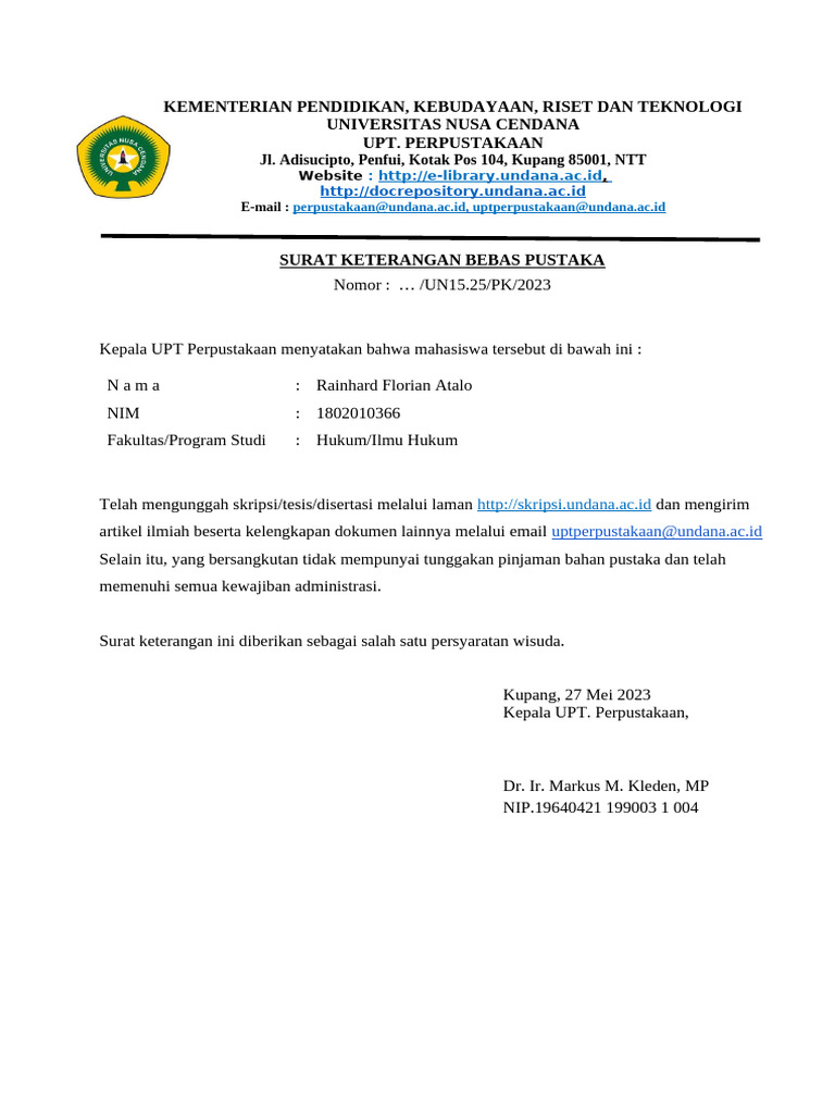 Fix Form Surat Keterangan Bebas Pustaka Untuk Calon Wisudawan - Docx Rian REV | PDF